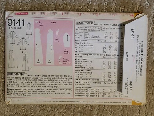 VTG Simplicity 9141 Sewing Pattern Size 10 Women's Dress In 2 Lengths ...