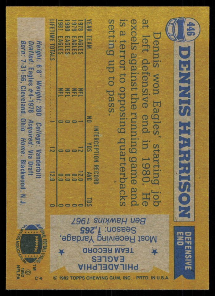 1982 Topps Football #446 Dennis Harrison RC Philadelphia Eagles | eBay