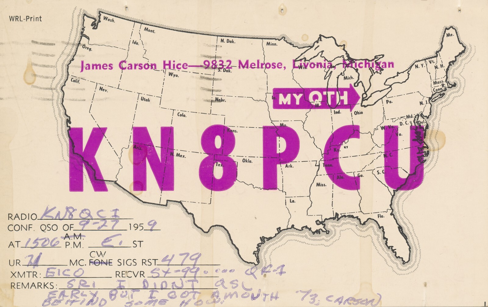 QSL CARD HAM RADIO KN8PCU K8PCU JAMES CARSON HISE LIVONIA, MICHIGAN ...