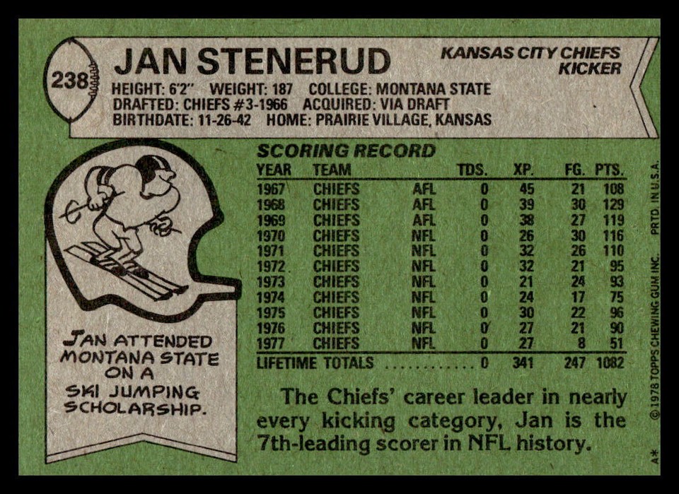 1978 Topps 238 Jan Stenerud Kansas City Chiefs | eBay