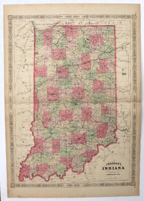 "INDIANA" Antique original hand colored map 1867 | eBay