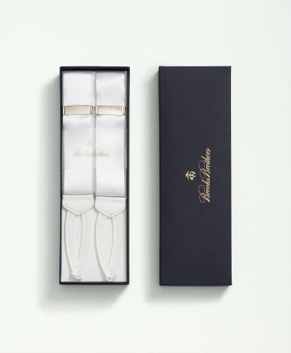 Brooks Brothers Solid White Suspenders Silk Tubular Straps Leather Trim ...