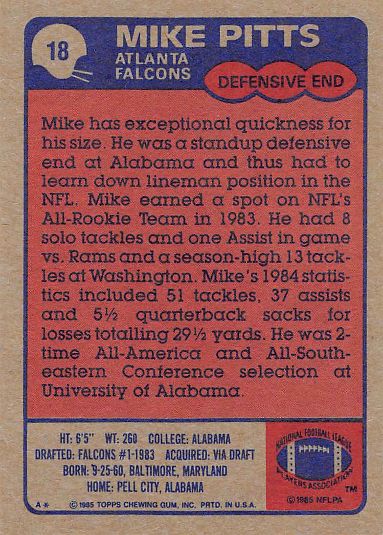Mike Pitts 1985 Topps #18 RC Falcons ID:24206 | eBay