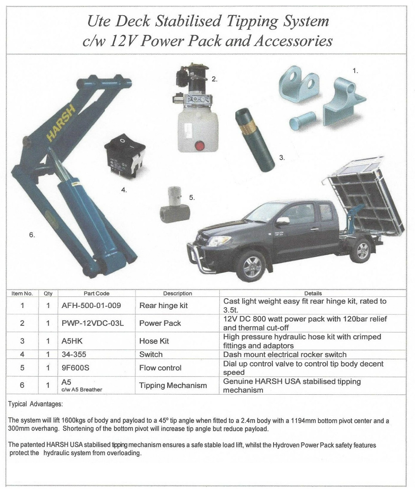 ute tray or trailer Hydraulic Tipper kit heavy duty 12V or 24V kit ...
