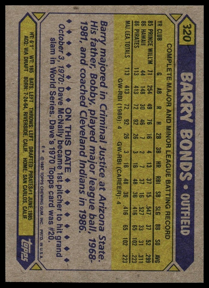 1987 Topps #320 Barry Bonds | eBay