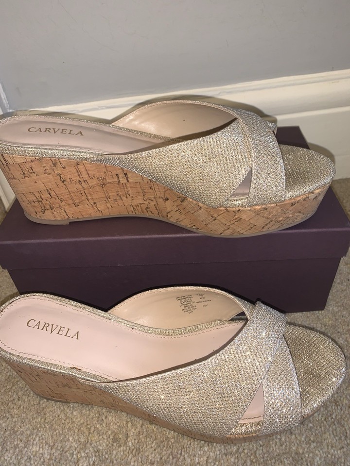 Carvela Metallic Wedge Summer Sandals UK 6 Gold Fabric Slip-On Sparkle ...