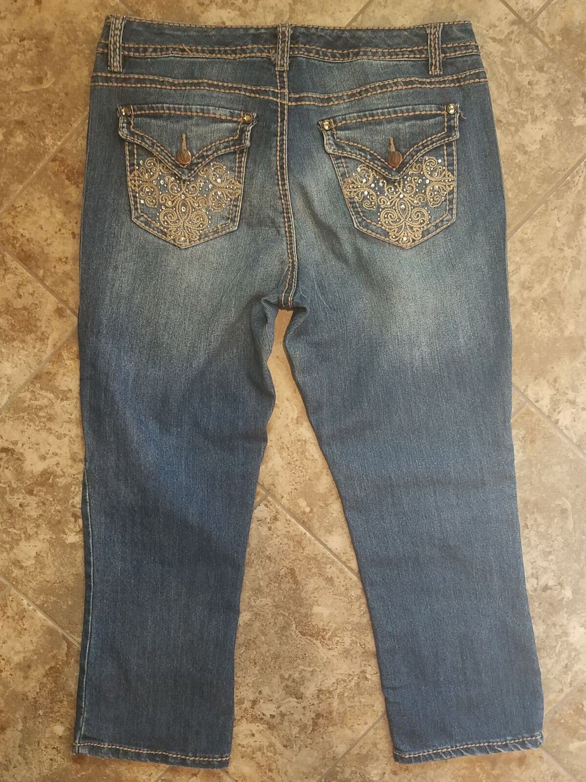 Nine West Embellished Rhinestone Flap Pocket Cropped Denim Capris ...