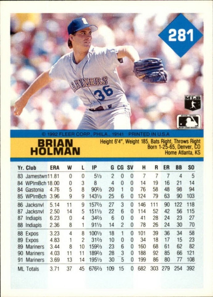 1992 Fleer Seattle Mariners Baseball Card #281 Brian Holman | eBay