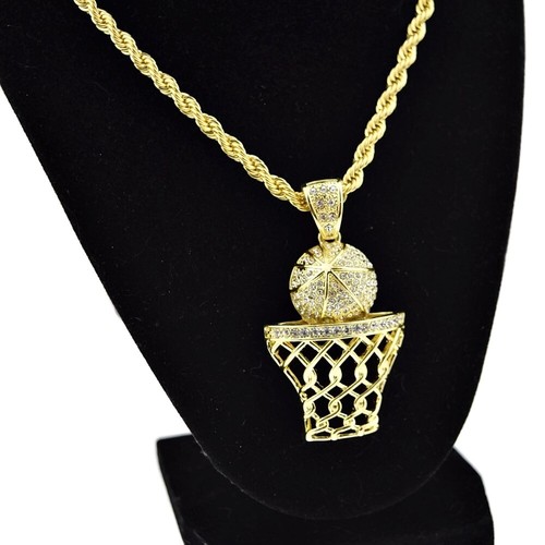 Mens Basketball Hoop Chain Pendant Baller Charm Gold Plated 30" Rope ...