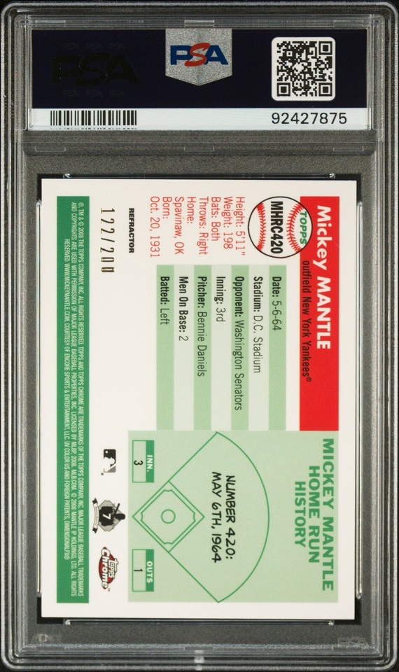 MICKEY MANTLE /200 BLUE REFRACTOR 2008 Topps Chrome Mickey Mantle Story ...