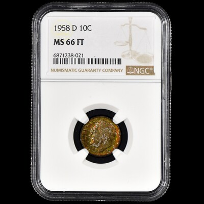 1958-D ROOSEVELT DIME NGC MS-66-FT 10C SILVER MONSTER RAINBOW TONED ...