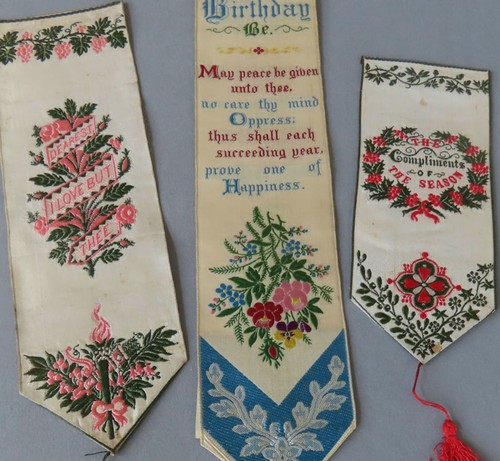 3 Antique Woven SILK Stevengraphs BOOKMARKS w Tassels BIRTHDAY Xmas ...