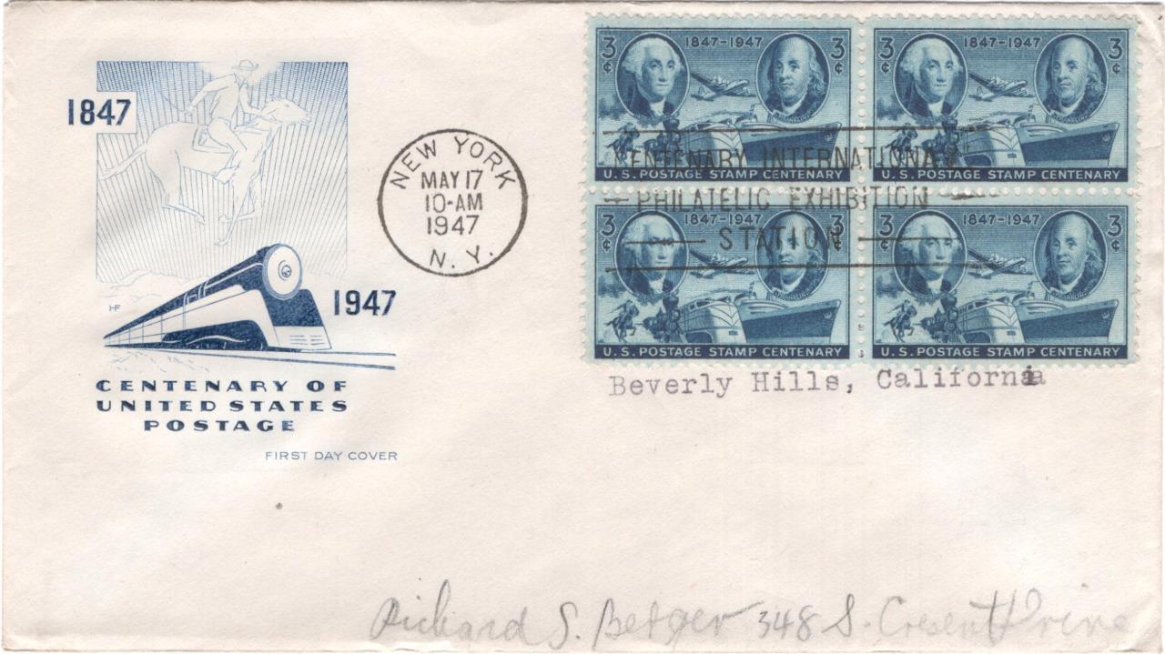 First day cover, Scott #947 BL4, Stamp Centenary, Mellone 3, Farnam ...
