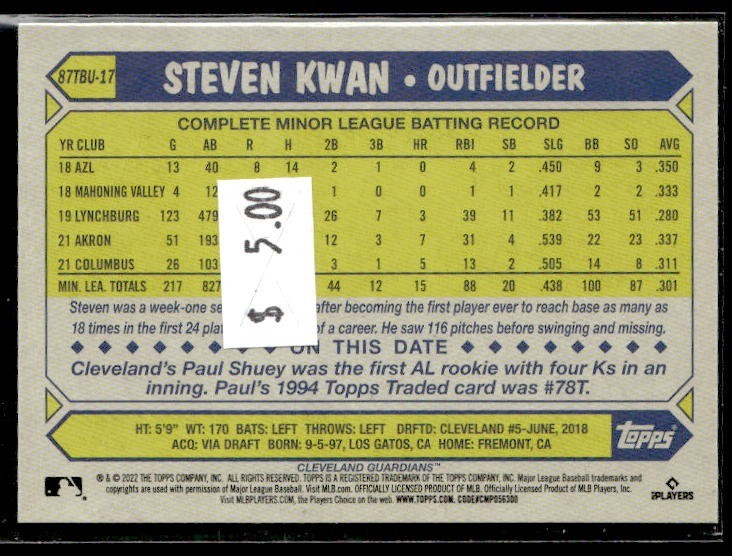L48,579 - 2022 Topps Update '87 Topps #87TBU17 Steven Kwan | eBay