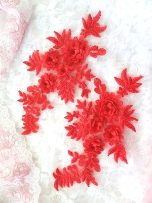 Embroidered 3D Appliques Red Floral Lace Mirror Pair 8.25" (DH68) DIY ...