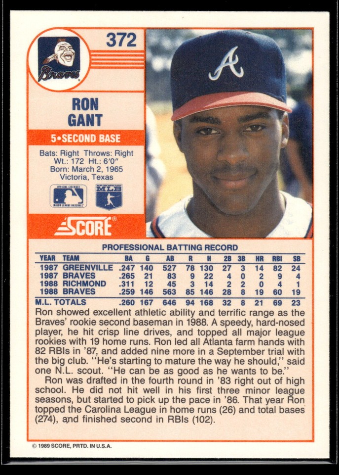 1989 Score #372 Ron Gant | eBay