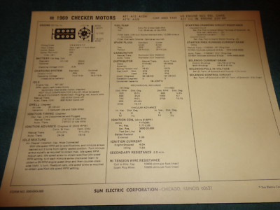 1969 CHECKER MOTORS 327 V-8 ENGINE SUN TUNE-UP CHART A11 / A12 / A12W ...