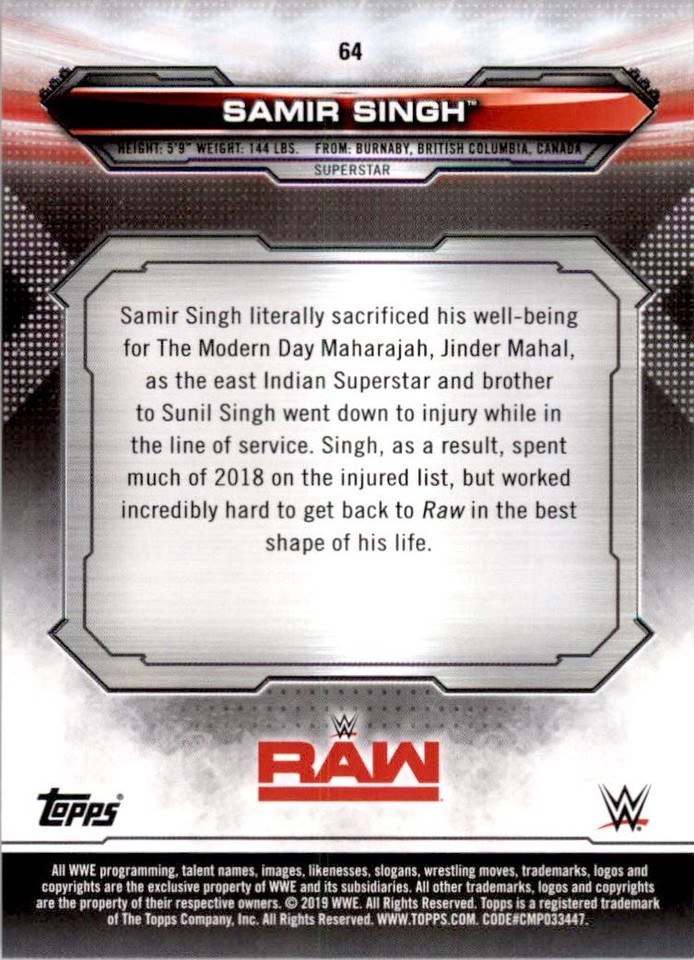 2019 Topps WWE RAW Bronze #64 Samir Singh | eBay