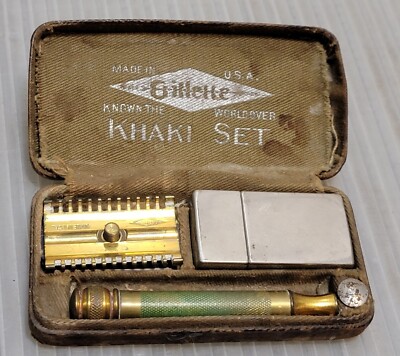 Vintage Gillette Regent Tech razor Leather case Blue Blade Brass gold 3 ...