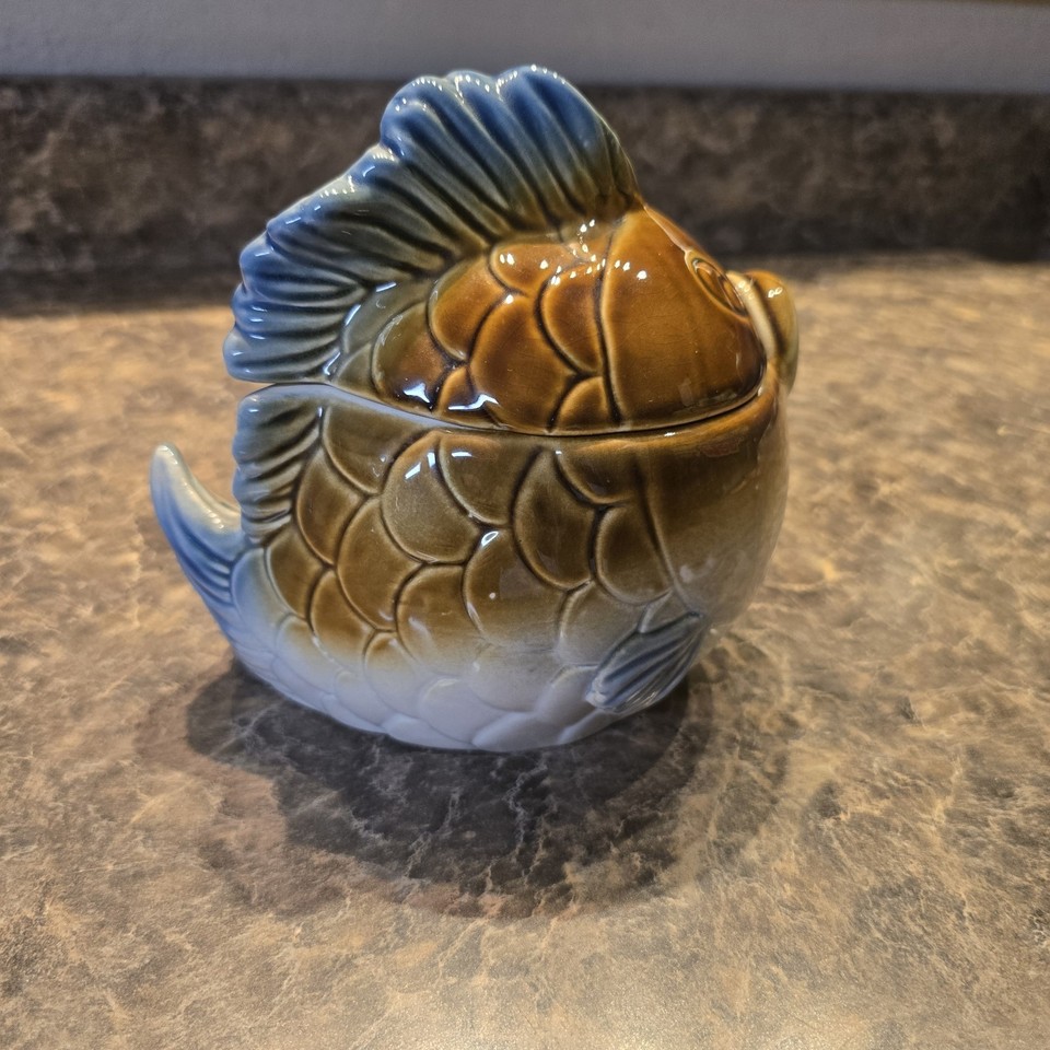 Fat Puffer Fish Candy/Trinket Jar Nautical Marine Blue Green Canister w ...