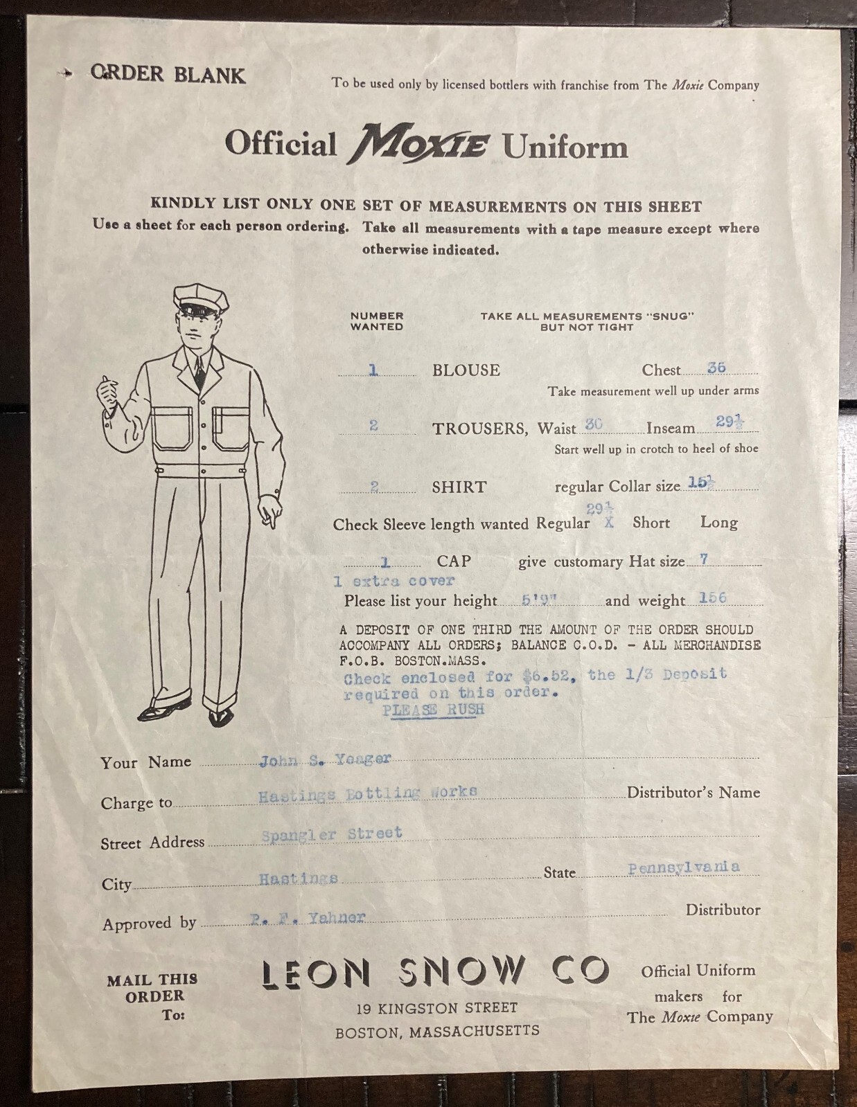 BOSTON, MA ~ MOXIE COMPANY UNIFORM ORDER FORM FOR HASTINGS, PA BOTTLER ...