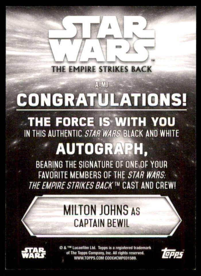 Milton Johns Captain Bewil Card 2019 Star Wars Black and White AU #AMJ ...