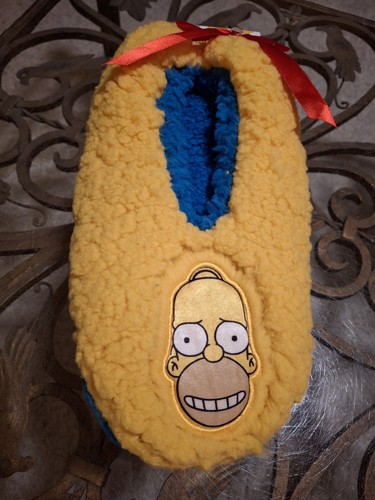 The Simpsons Fuzzy Stretch Slippers Homer Simpson Yellow Blue NWT Size ...