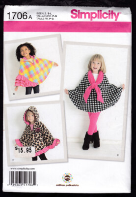 2013 Simplicity Pattern Girls Sz S-L #1706 Uncut FF poncho w or w/o ...
