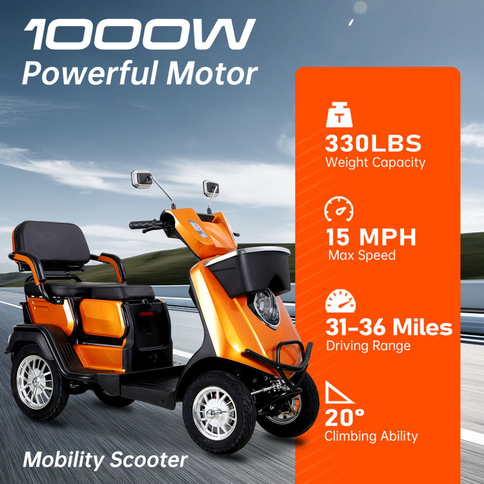 1000W 4-Wheel Electric Mobility Scooter Portable Convertible 2 Seat for ...