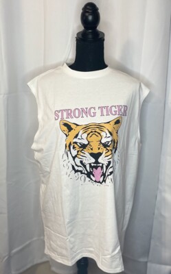 Shein Men's Strong Tiger White Graphic Print Muscle T-Shirt Chest 44 ...