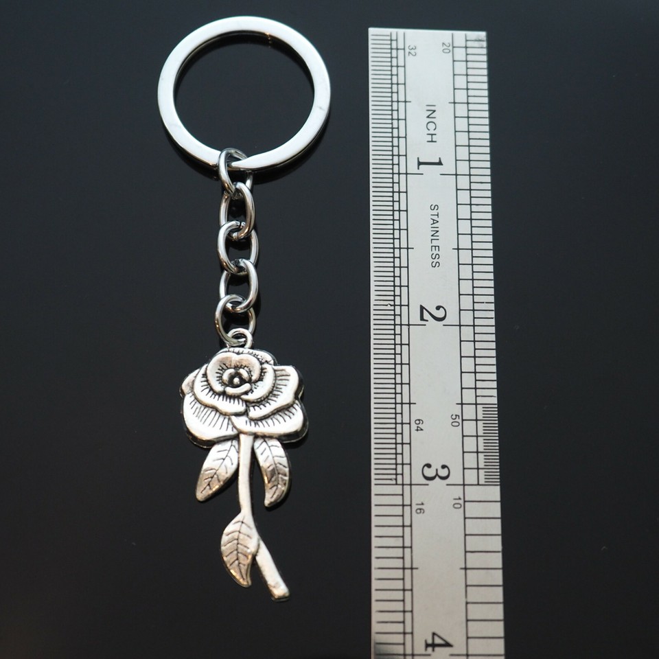 Beautiful Rose Flower Petal Stem Silver Charm Pendant Keychain Key ...