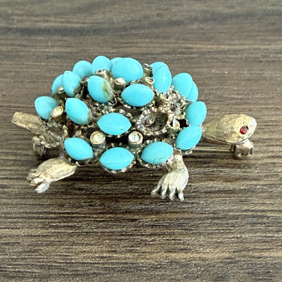 Vintage Signed HAR Turtle Brooch Turquoise Cluster Rhinestone Faux Ruby ...