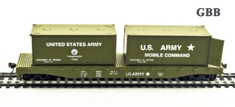HO Scale US ARMY 51' FLAT CAR with TWO 20' CONTAINERS Model Power New ...