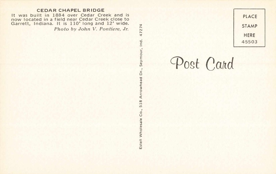 Postcard Cedar Chapel Covered Bridge Close to Garrett Indiana Over ...