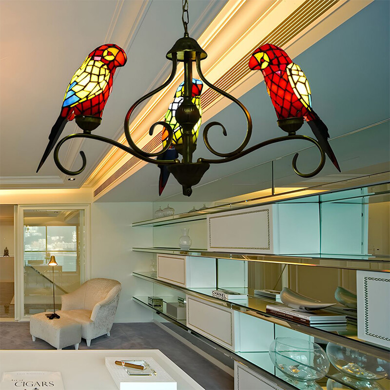 Living Room Ceiling Fixture Chandelier Parrot Tiffany Stained Glass ...