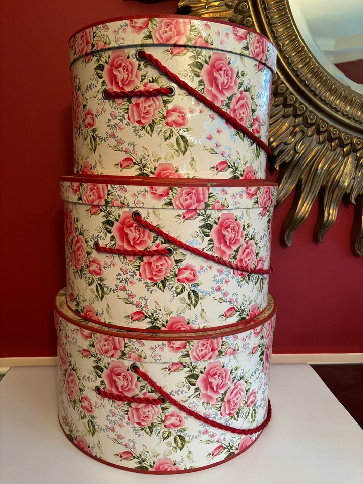 Vintage Hat Box Set of Three Pink Floral with Red Rope Cord Handle | eBay