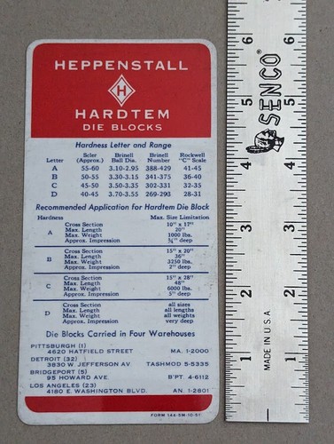 Heppenstall Hardtem Die Blocks Comparative Hardness Steel Chart Card 2 ...