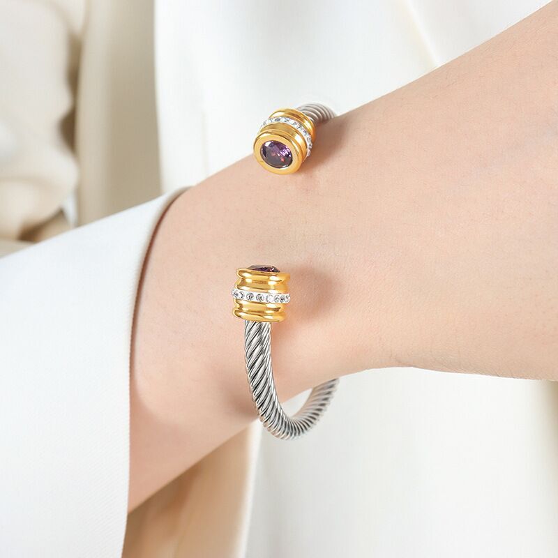 Woman 18k Gold Plated Stainless Steel CZ Bangle Bracelet Cuff Wristband ...