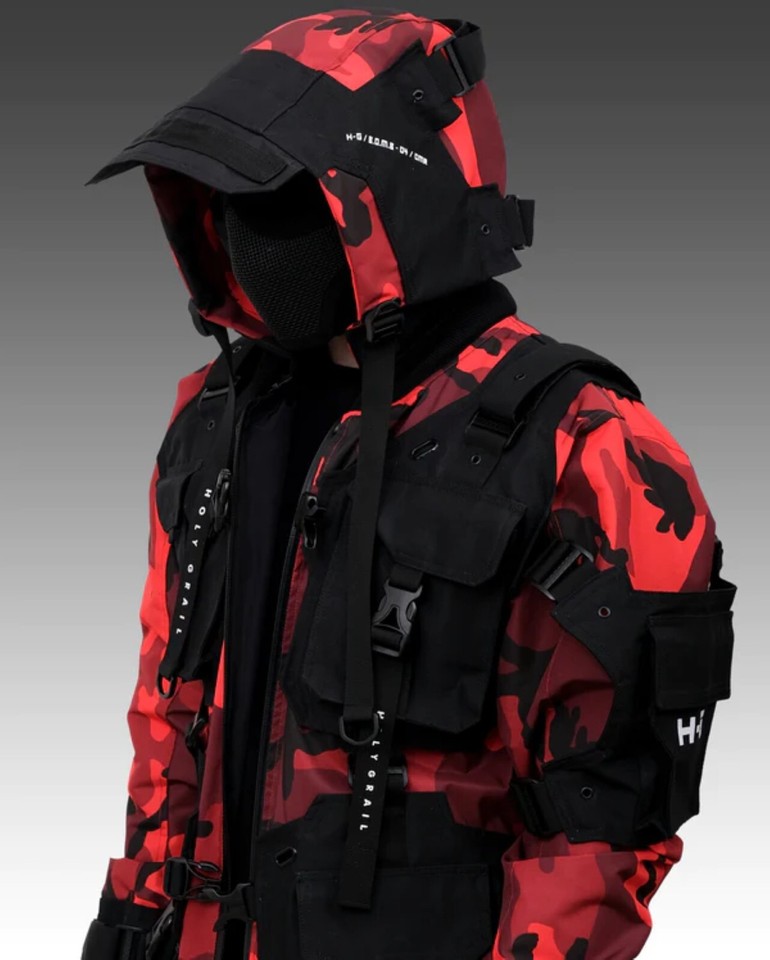 Men's Techwear Red Camouflage Jacket Hoodie Full Zip Buckle H-G B.O.M.B ...