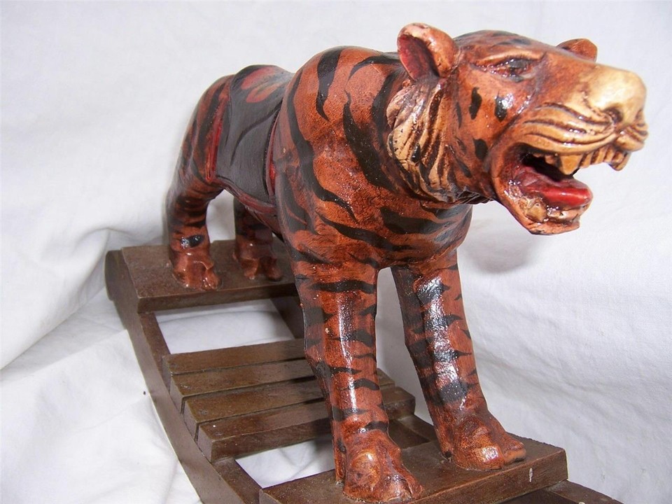 VTG CARVED WOOD SIBERIAN BENGAL TIGER HOBBY ROCKING HORSE WOODEN HOME ...