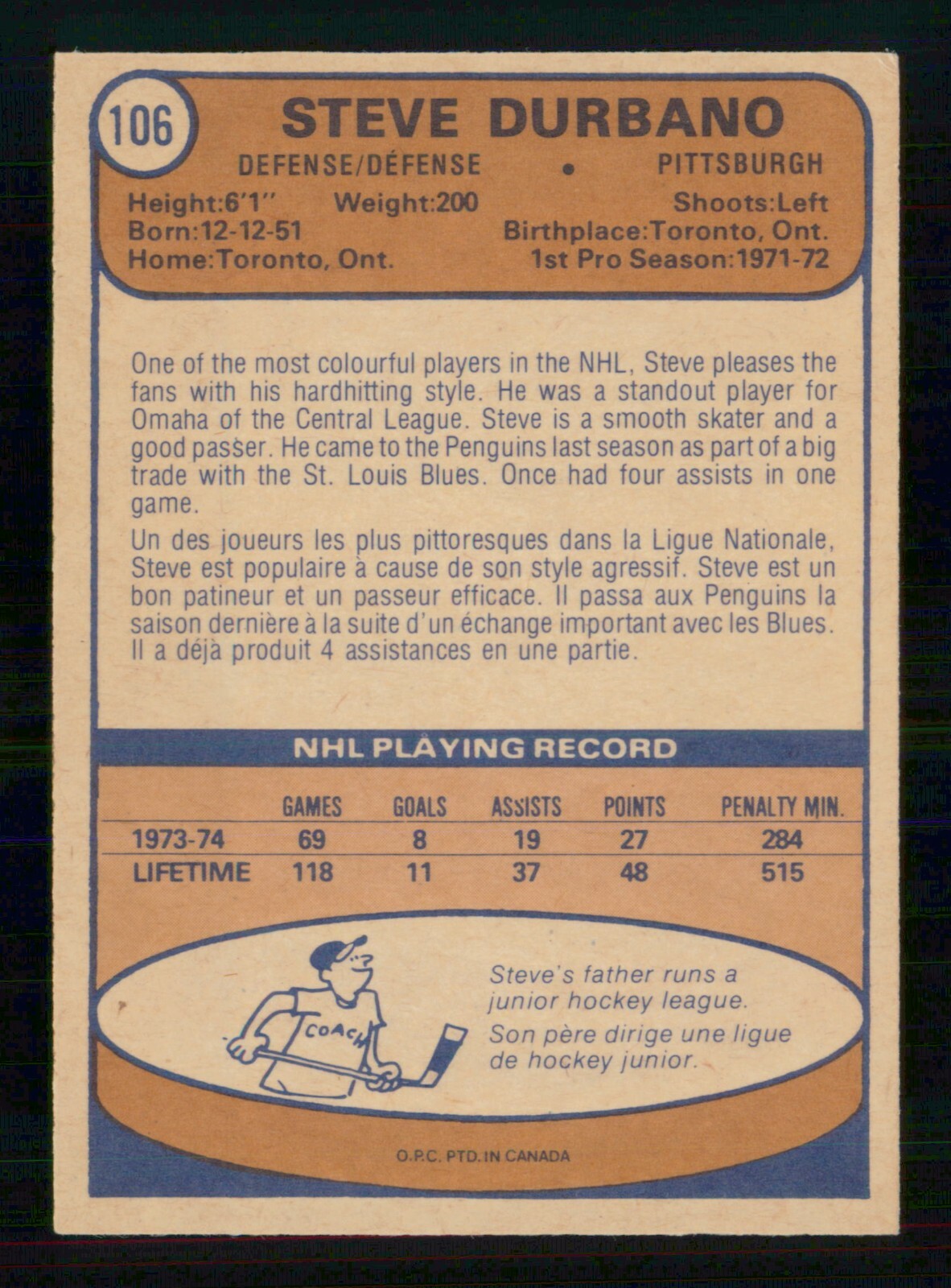 STEVE DURBANO 1974-75 O-PEE-CHEE 74-75 NO 106 VGEX+ 59860 | eBay