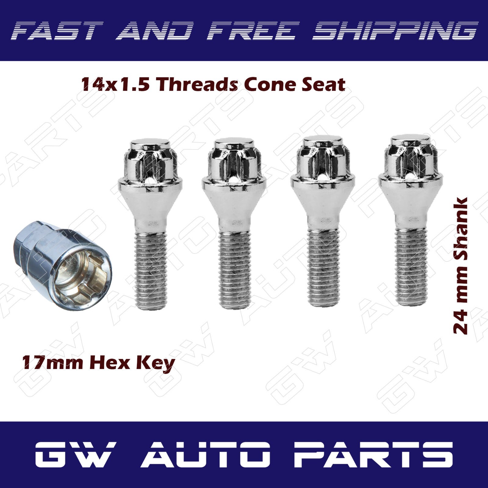 Set of 4 Chrome Wheel Bolt Lock Cone Seat with Key 40mm/1.55" Shank ...