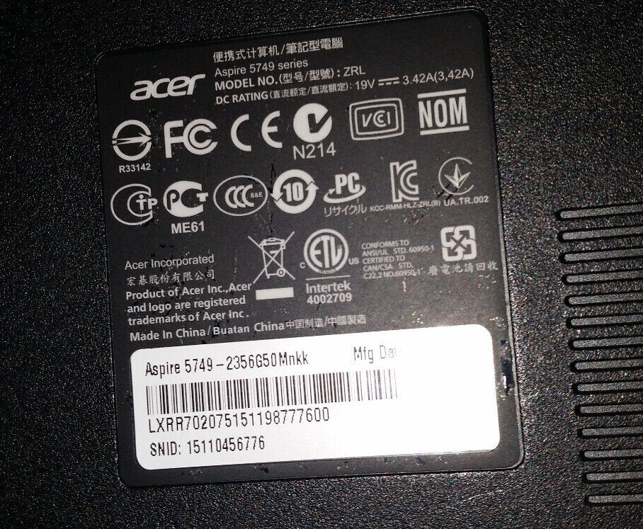 Acer Aspire 5749 Core i3-2350M 2.30GHz /6GB/500GB-NO OS -5749 ...