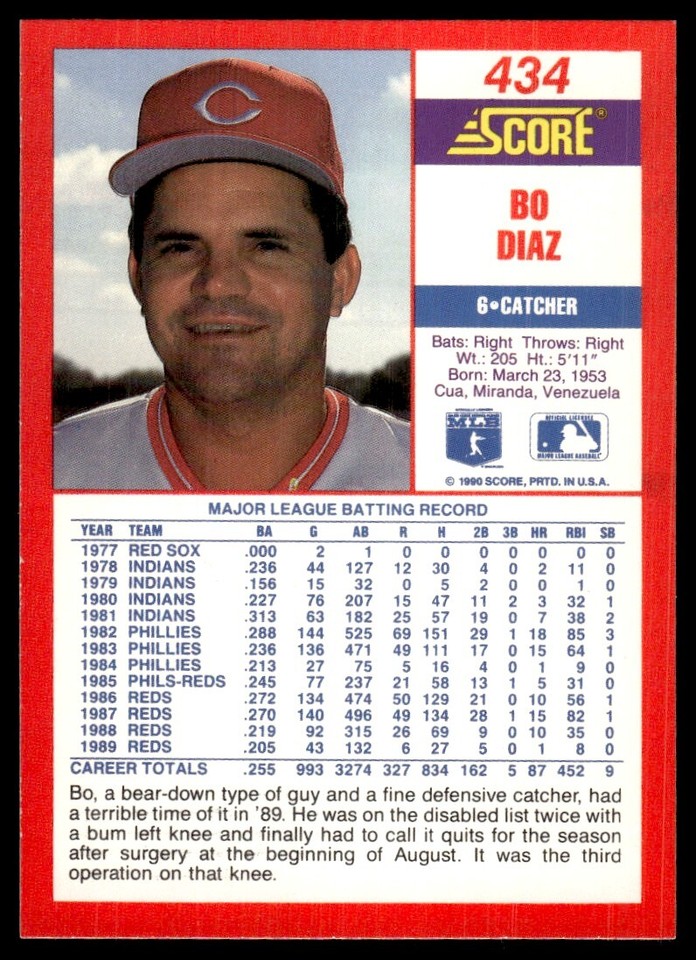 1990 Score Baseball Card Bo Diaz Cincinnati Reds #434 | eBay
