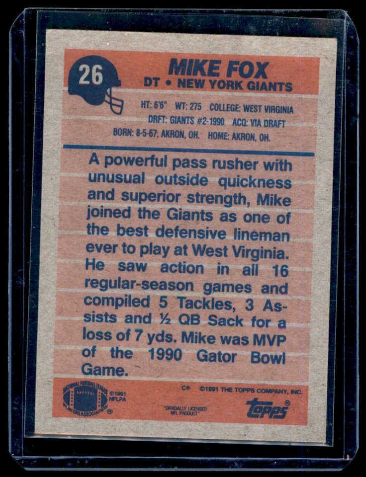1991 Topps Mike Fox New York Giants #26 0952 | eBay