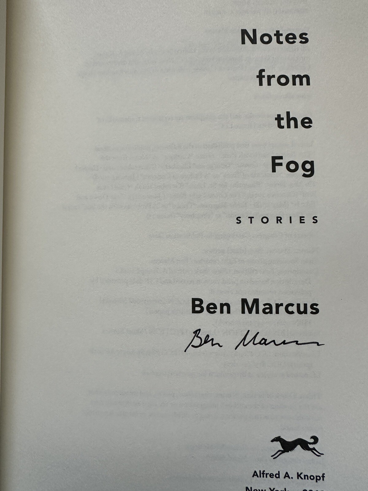 Notes from the Fog: Stories - Ben Marcus - Hardcover NEW - SIGNED ...