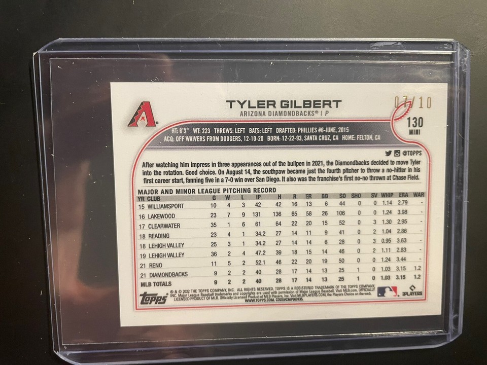 2022 Topps Mini Baseball TYLER GILBERT Blue Parallel Rookie Card RC /10 #130 | eBay