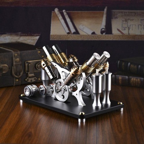 All-Metal V4 Stirling Engine Model with LED Generator – Brass, Steel ...