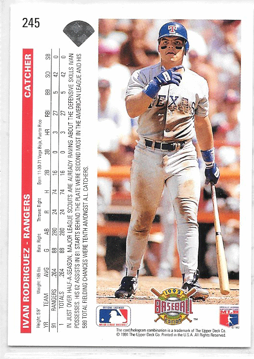 1992 Upper Deck #245 IVAN RODRIGUEZ RC Rookie Card - Texas Rangers HOF ...