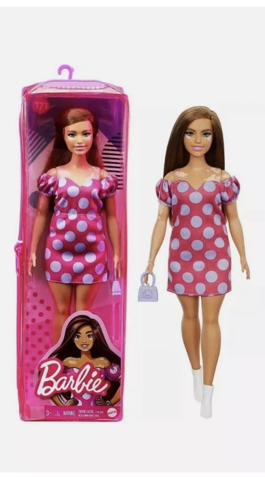New BARBIE Fashionista #171 Doll Brunette Hair Vitiligo Polka Dot Dress ...